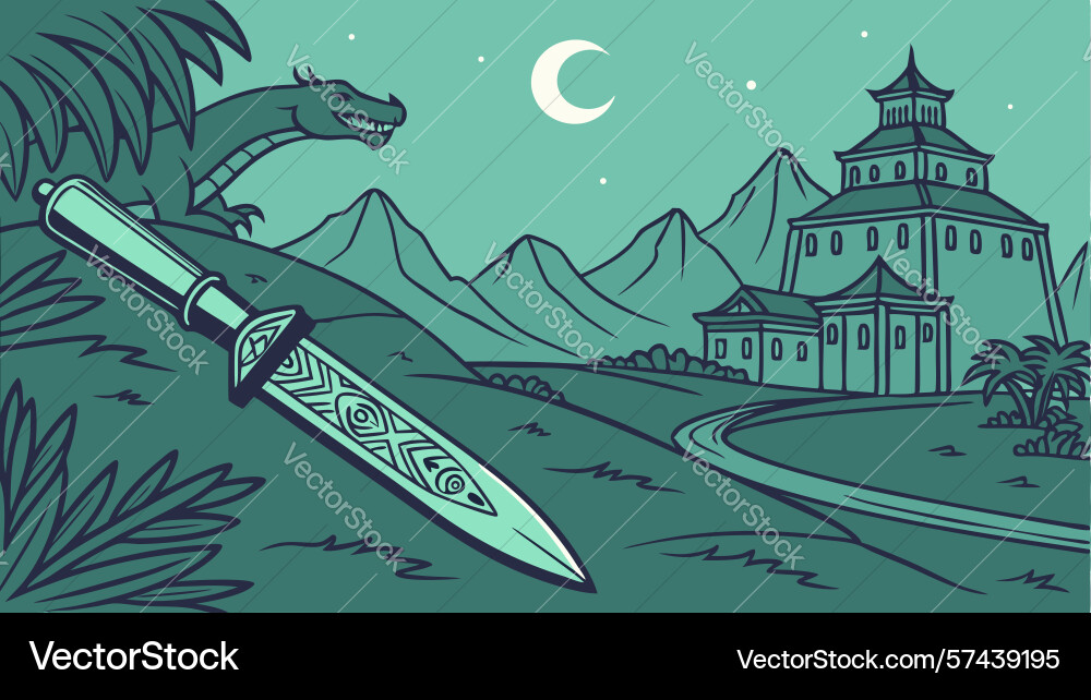 Ancient dagger by mountain palace under crescent Vector Image