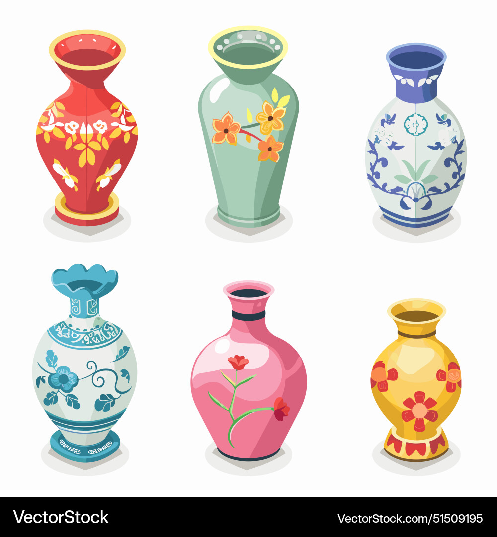 Collection six colorful vases featuring different Vector Image