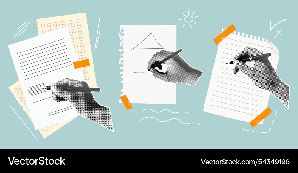 Halftone hands write hand with pen writing Vector Image