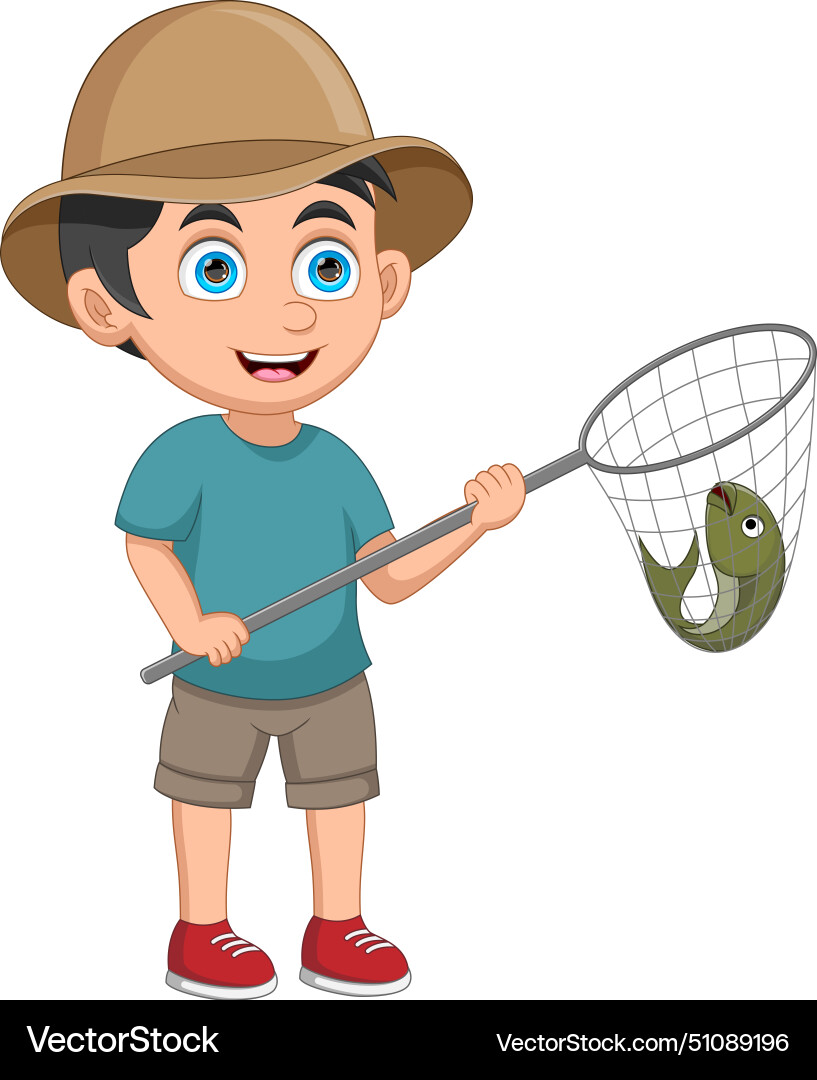 Little boy catches fish with net cartoon Vector Image