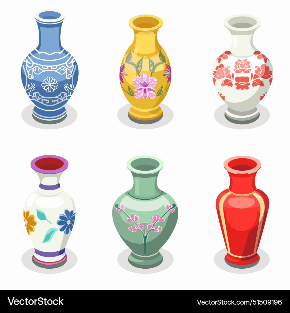 Six colorful vases cartoon style vase Royalty Free Vector