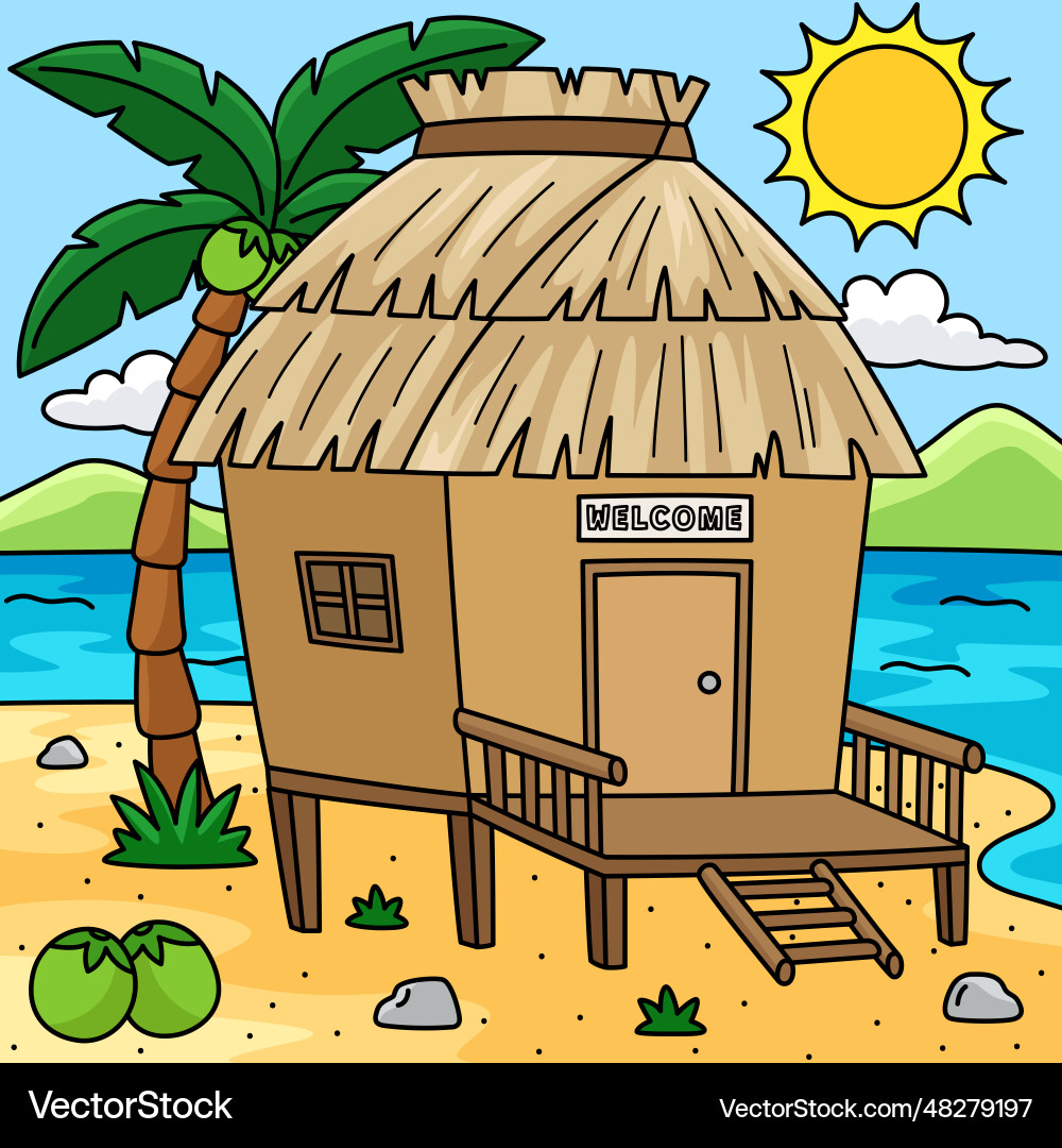 Nipa hut summer colored cartoon Royalty Free Vector Image