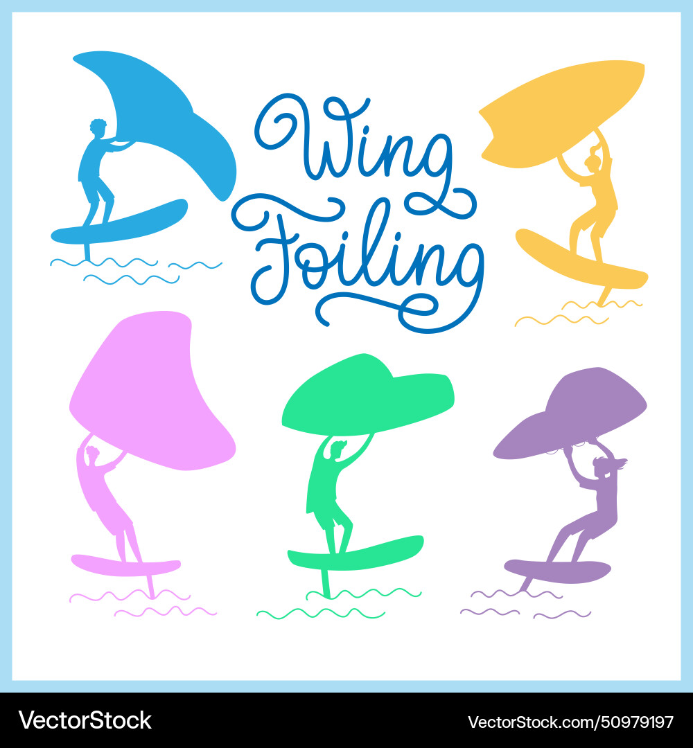 Poster with wing foiling people silhouette Vector Image