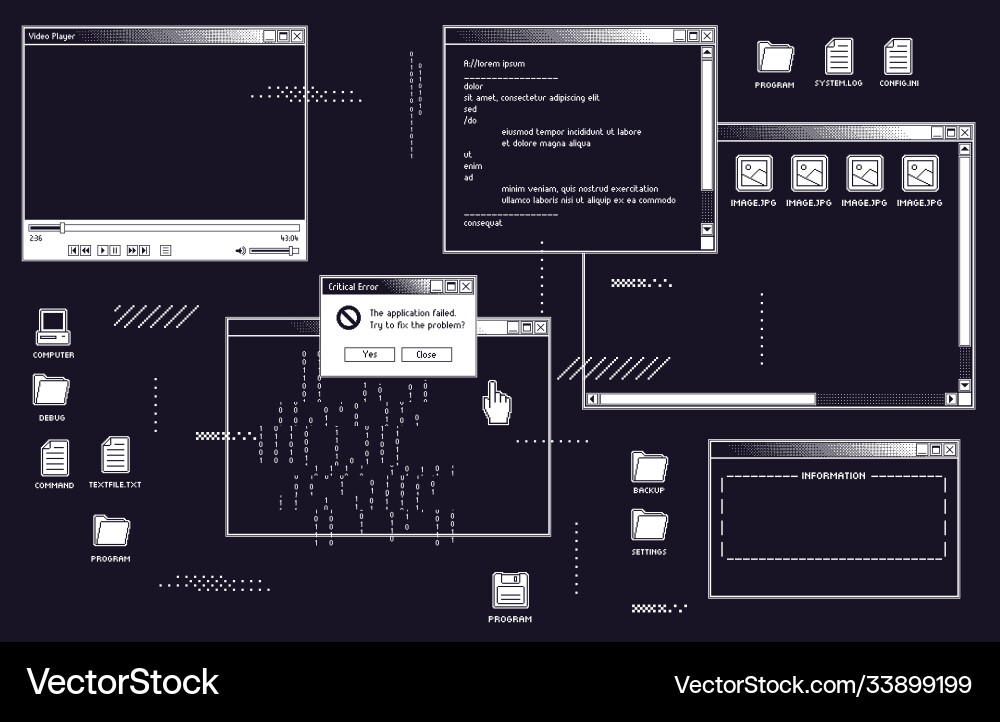 1 bit retro user interface with video player Vector Image