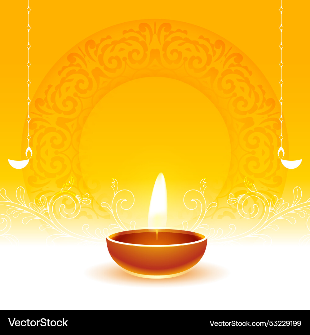 Realistic glowing diwali diya yellow background Vector Image