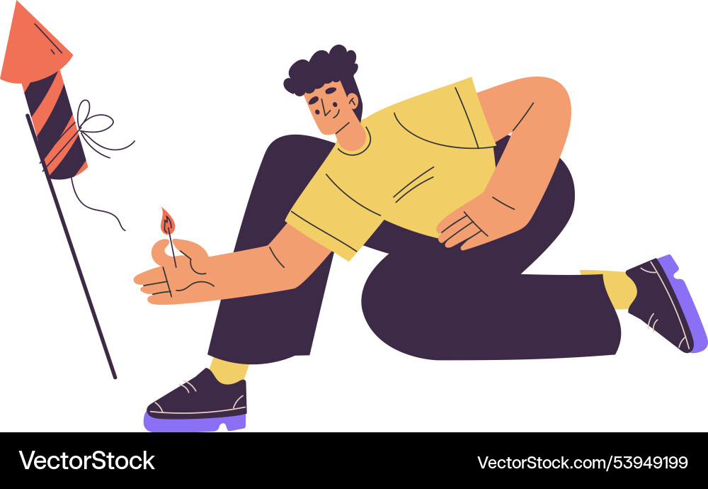 Young man character setting off firework Vector Image