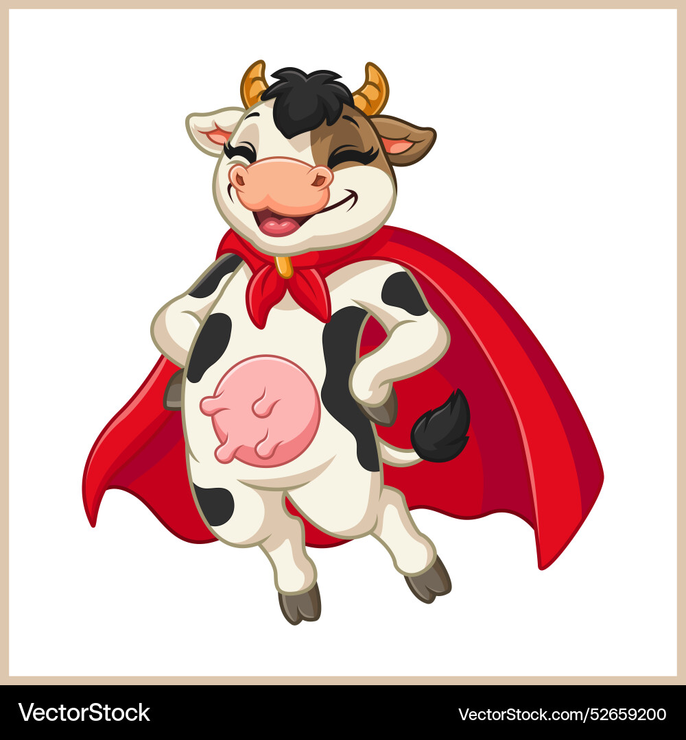 Cartoon superhero cow in red cape posing Vector Image