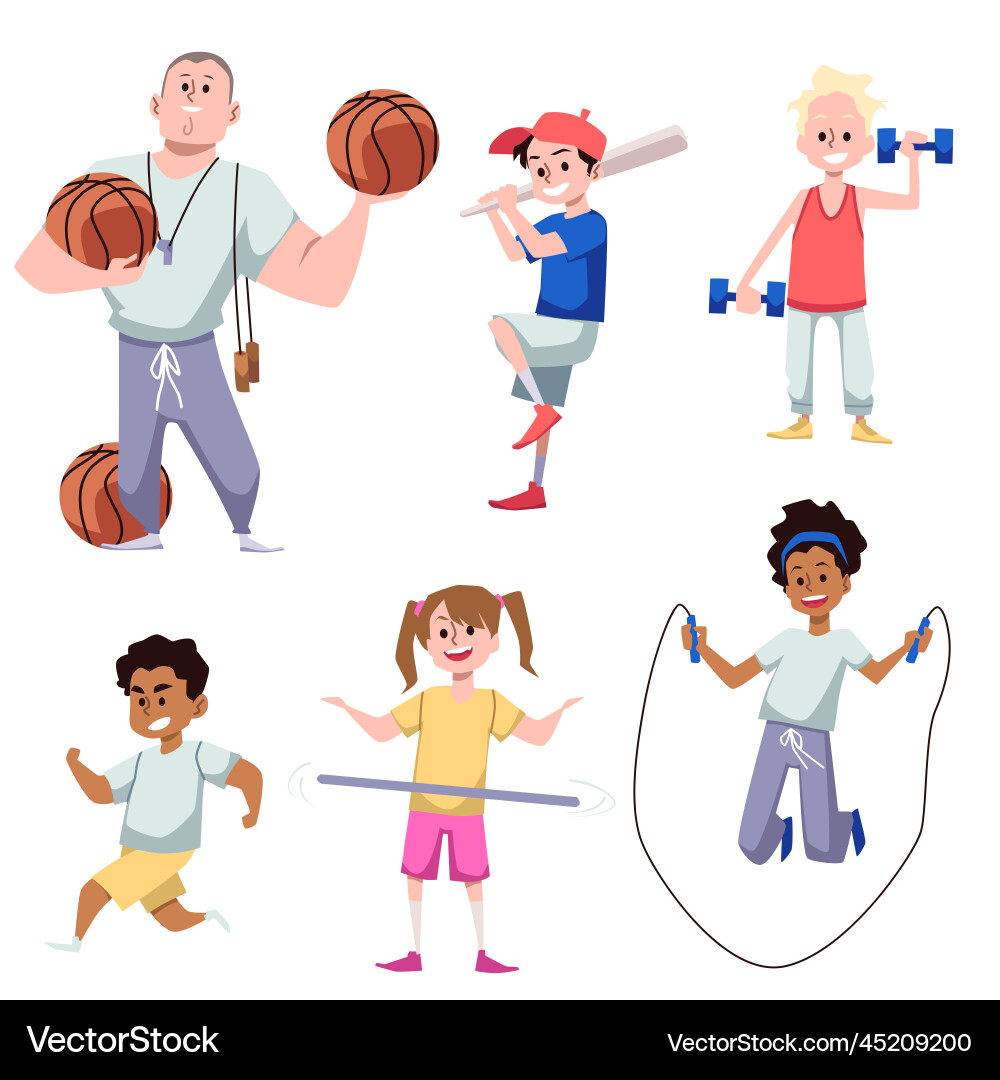 Schoolchildren and coach at physical education Vector Image