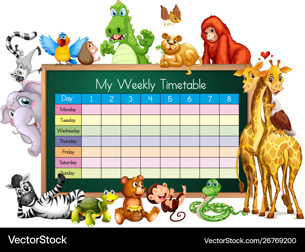 Timetable template with many animals Royalty Free Vector