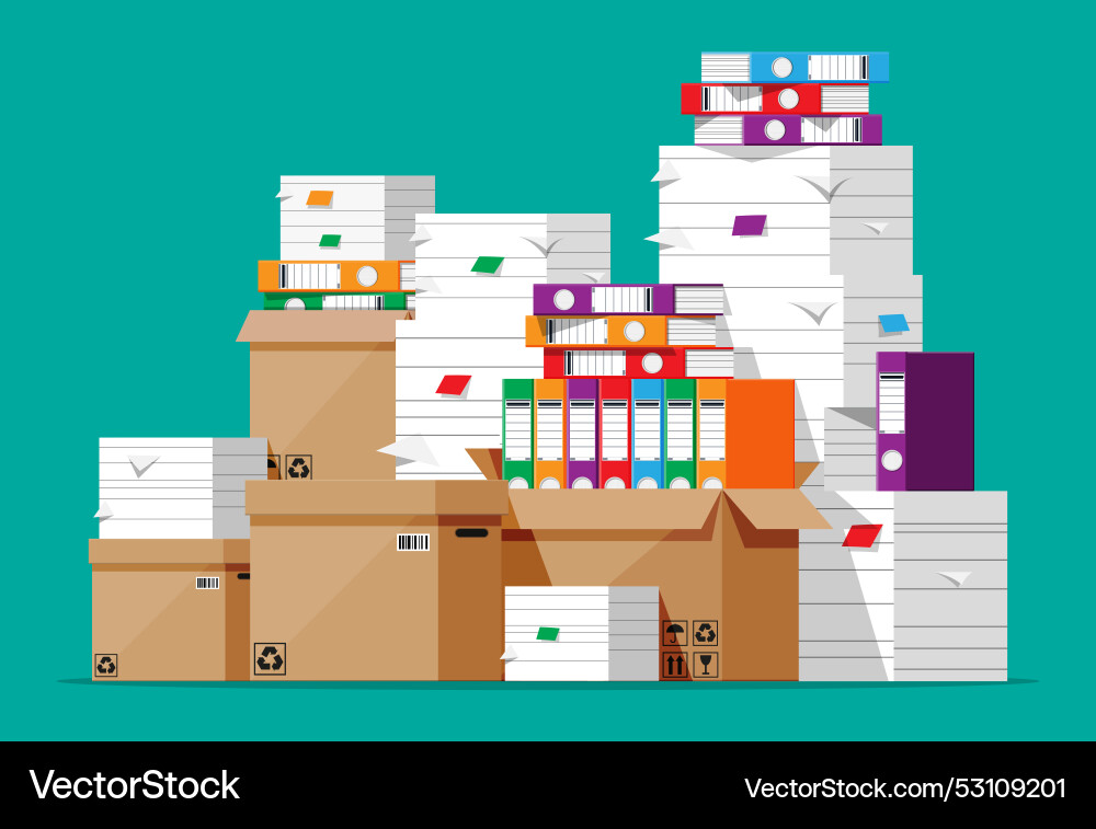 Pile of file folders cardboard boxes and papers Vector Image
