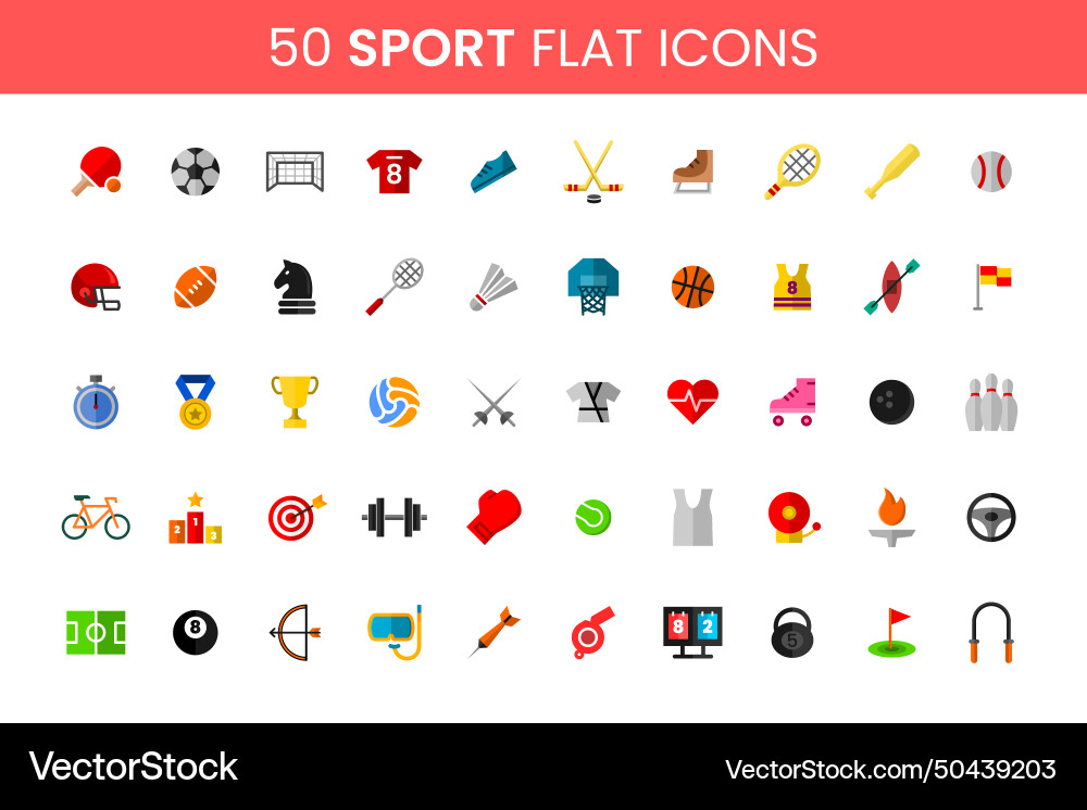 50 sport icons flat design Royalty Free Vector Image