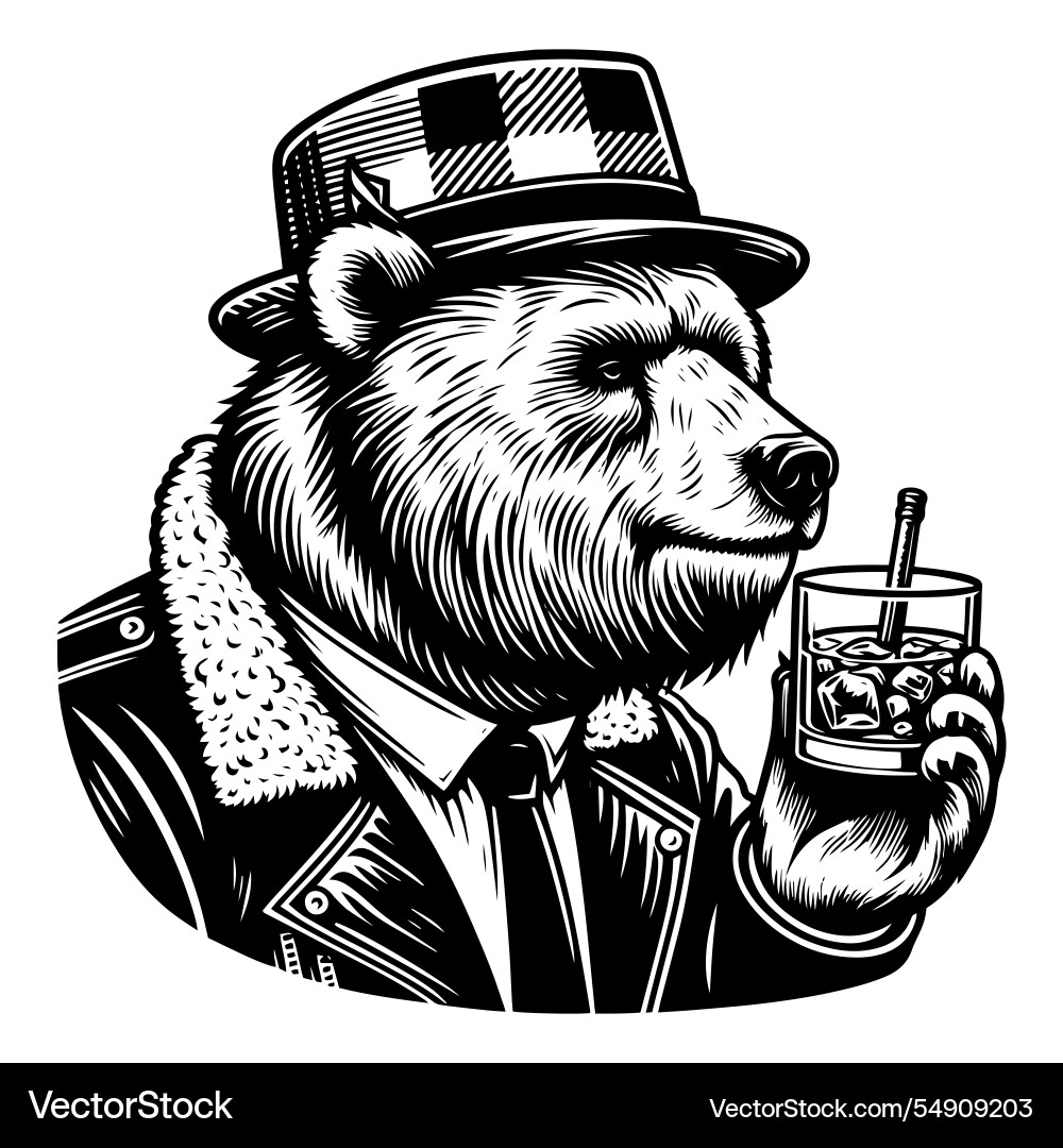 Bear with hat and drink engraving Royalty Free Vector Image