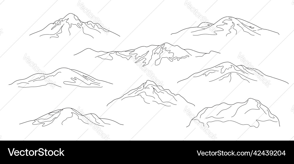 Contour drawing mountains and hills set Royalty Free Vector