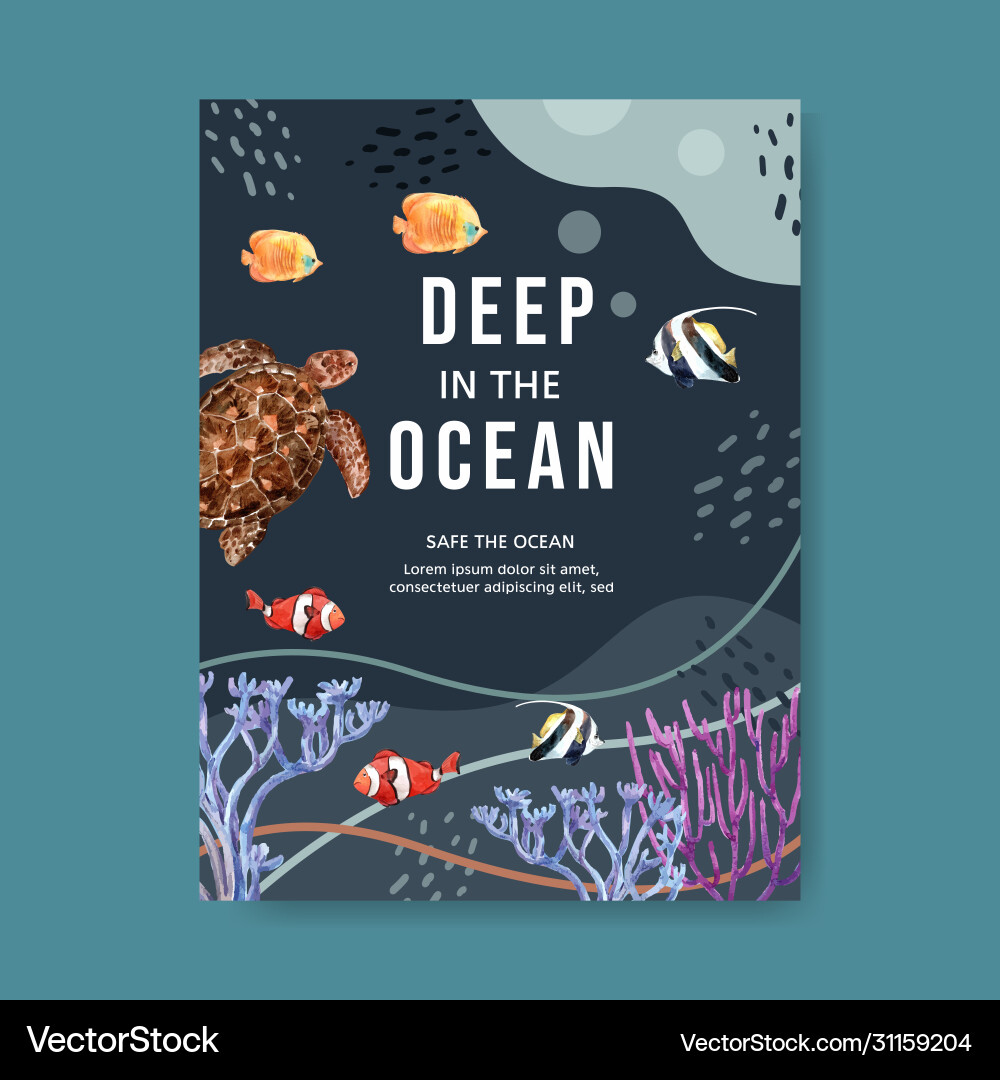 Poster design with sealife-theme turtle and fish Vector Image