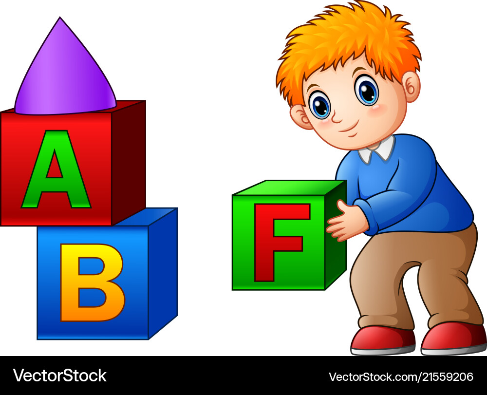 Cartoon boy playing with alphabet cubes Royalty Free Vector