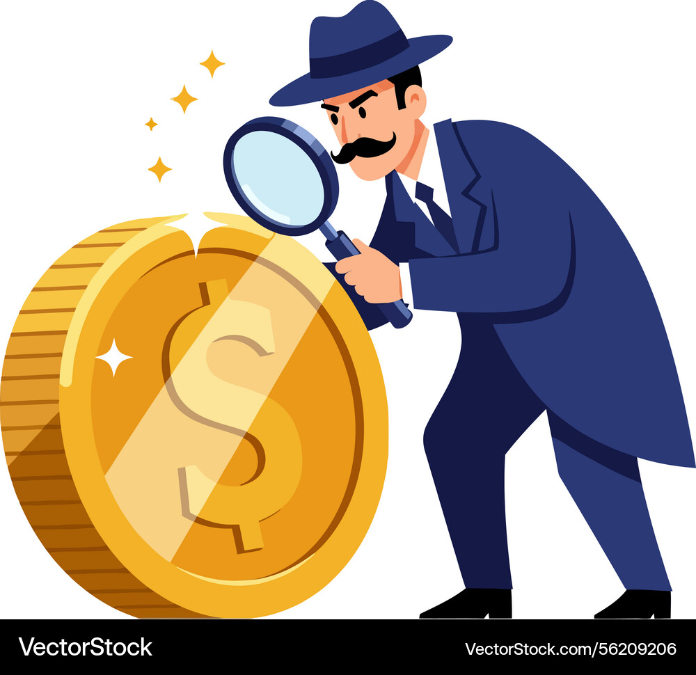 Detective examining a large gold coin Royalty Free Vector