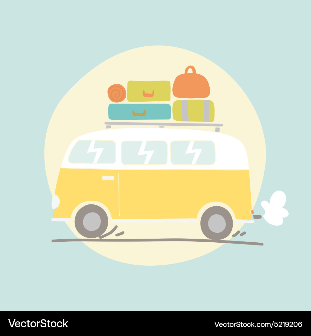Hand drawn retro van with luggage Royalty Free Vector Image