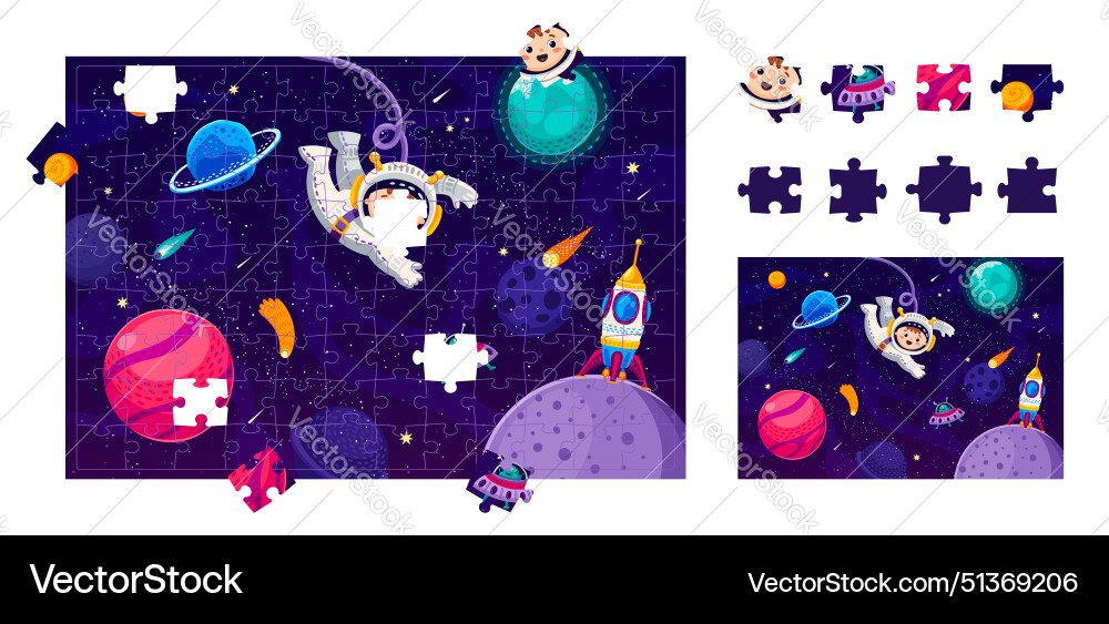 Jigsaw puzzle pieces space astronauts and planets Vector Image