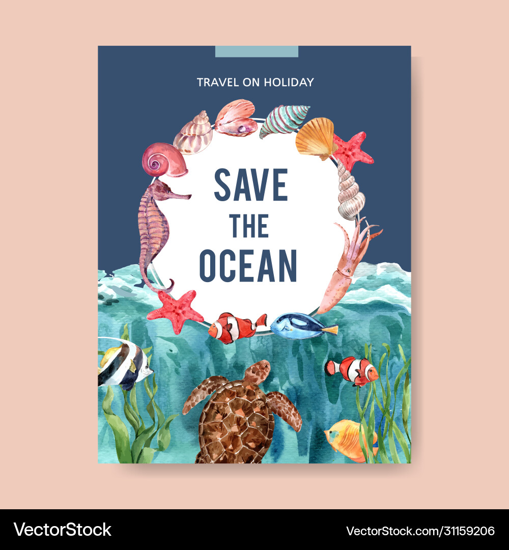 Poster design with sealife-theme watercolor Vector Image