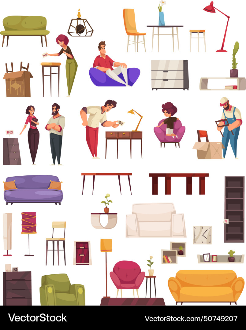 Furniture store cartoon set Royalty Free Vector Image