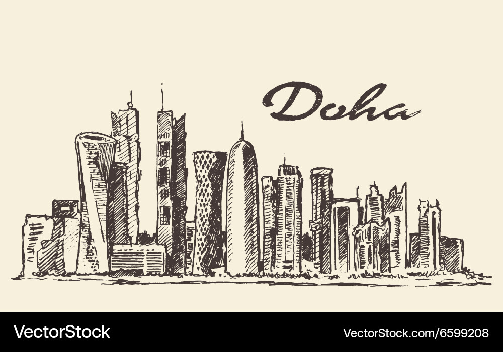 Doha skyline hand drawn Royalty Free Vector Image