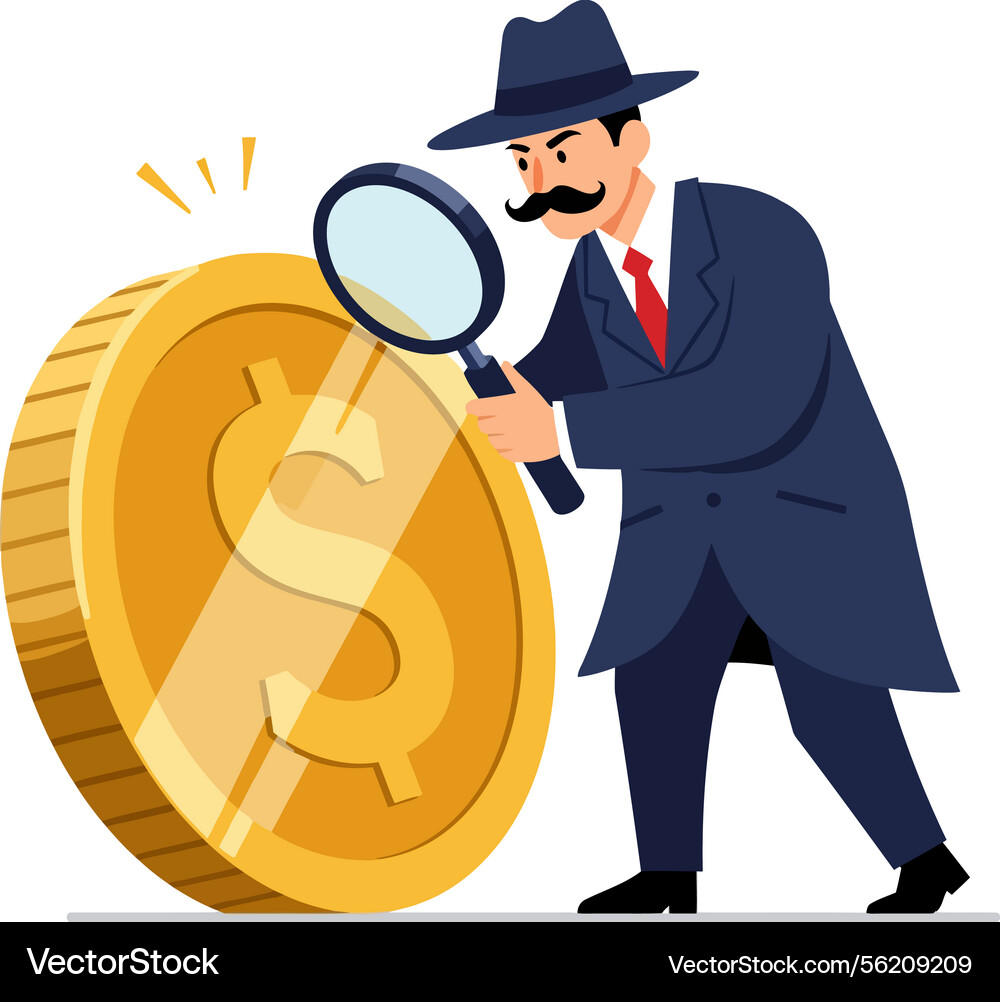 A detective examining large gold coin Royalty Free Vector