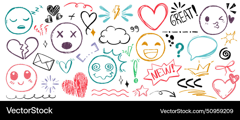 Hand drawn colorful pencil doodle emoji faces Vector Image