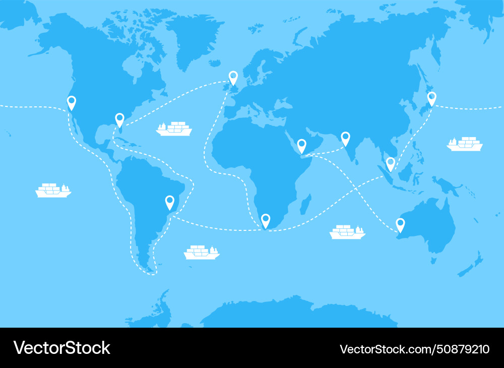 Blue world map with white ships and sea transport Vector Image