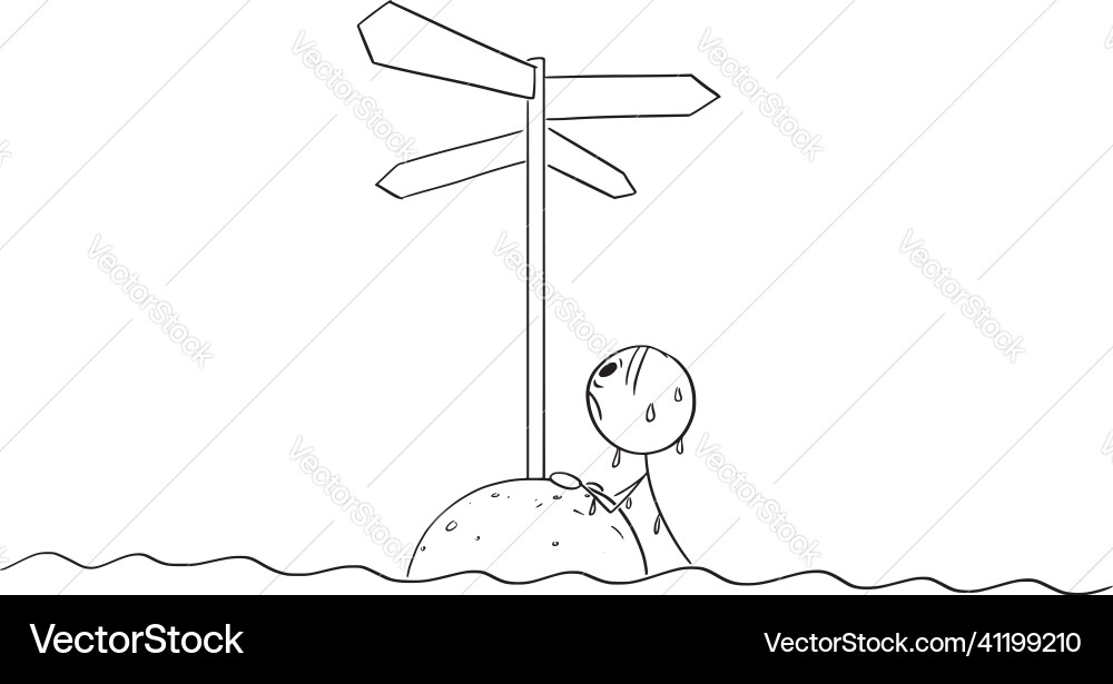 Lost person looking for guide cartoon stick figure
