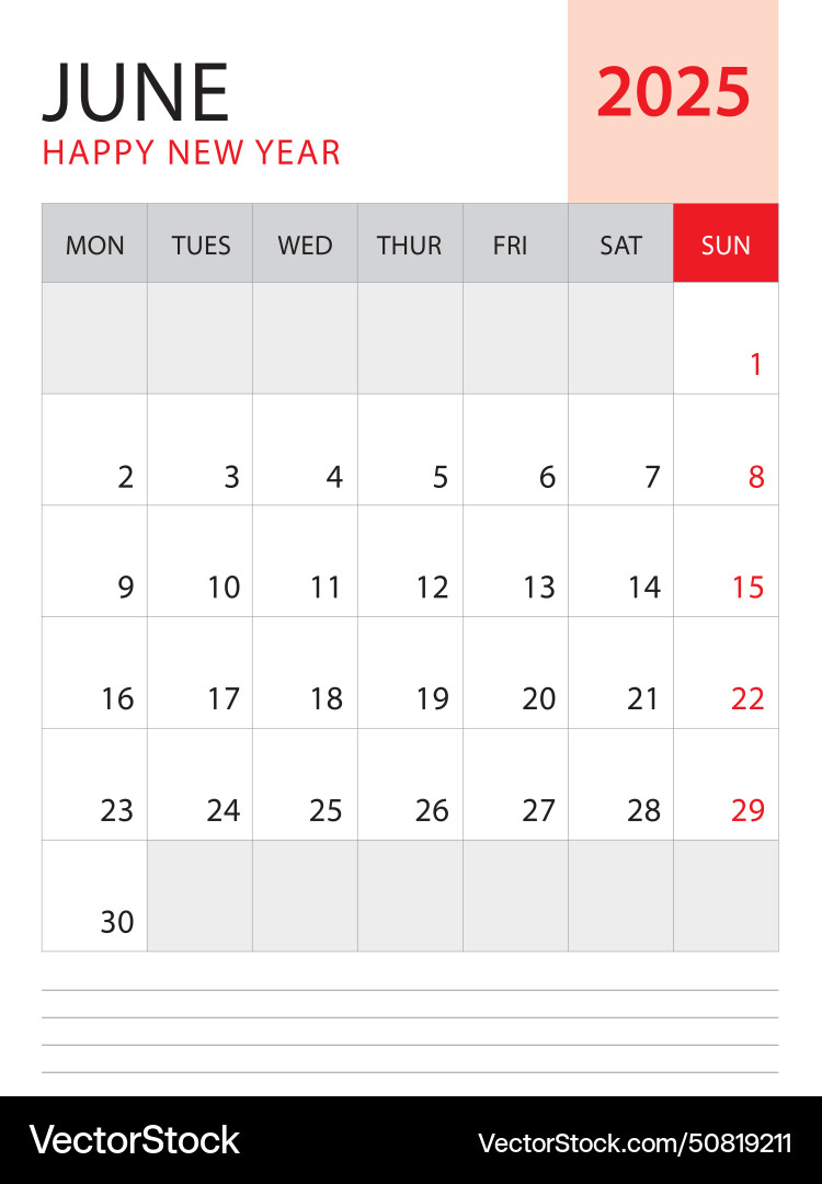 June 2025 calendar template Royalty Free Vector Image