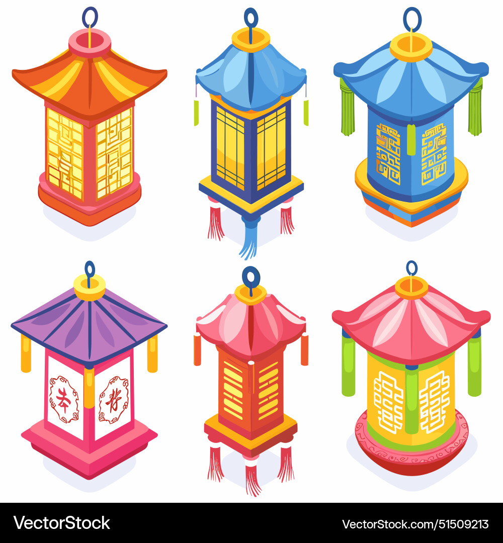 Six colorful lanterns traditional chinese designs Vector Image