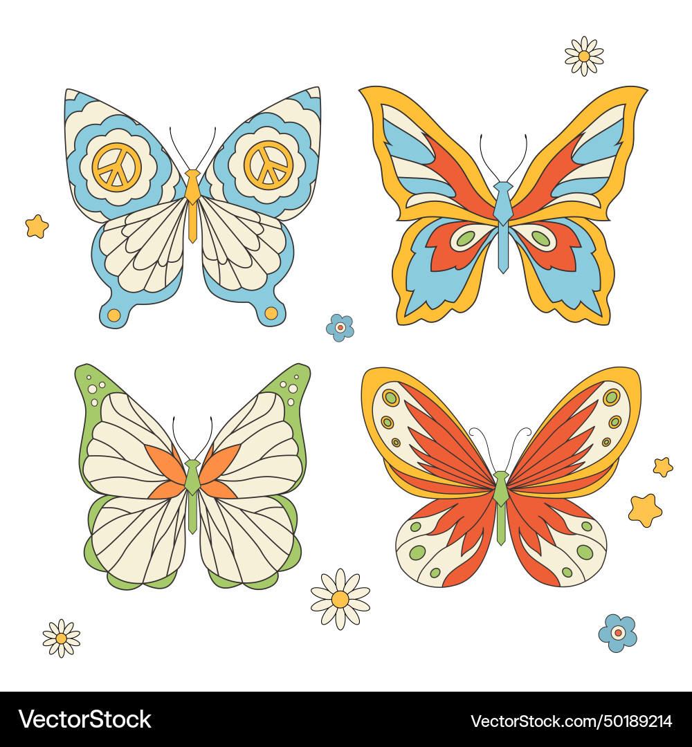 Beautiful groovy butterfly hand drawn Royalty Free Vector
