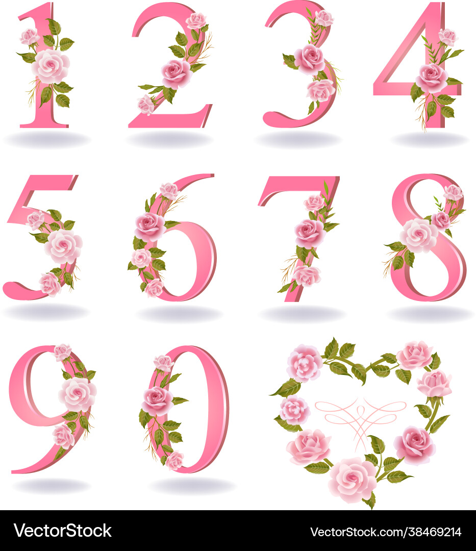 Collection floral decorated numbers Royalty Free Vector