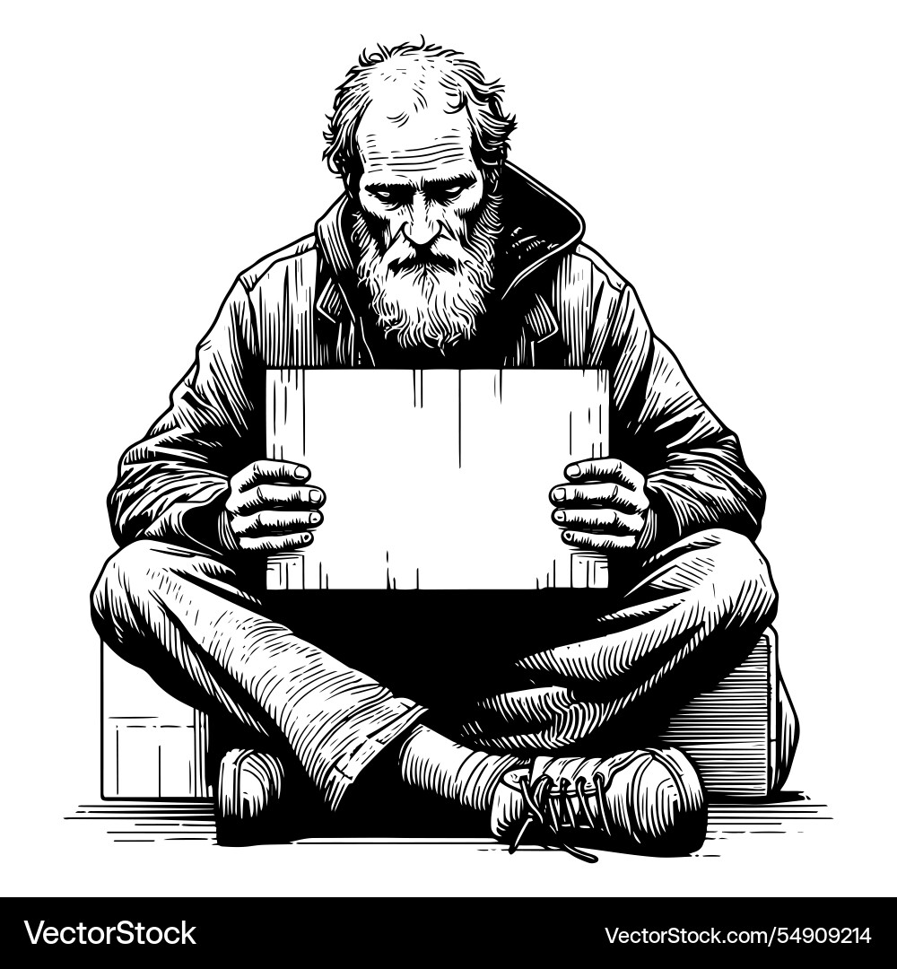 Homeless man sitting with blank sign Royalty Free Vector