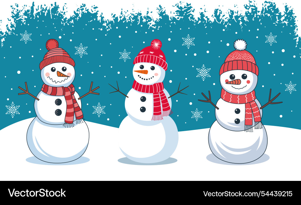 Three snowmen in a festive winter landscape Vector Image