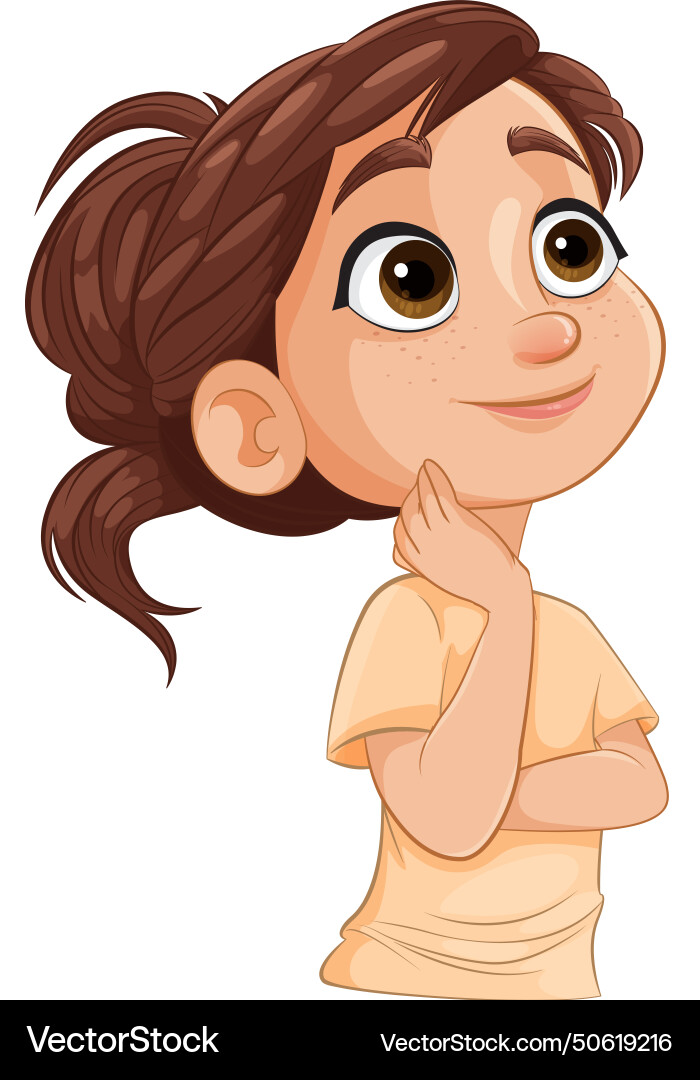 Cartoon girl thinking with a hand on her chin Vector Image