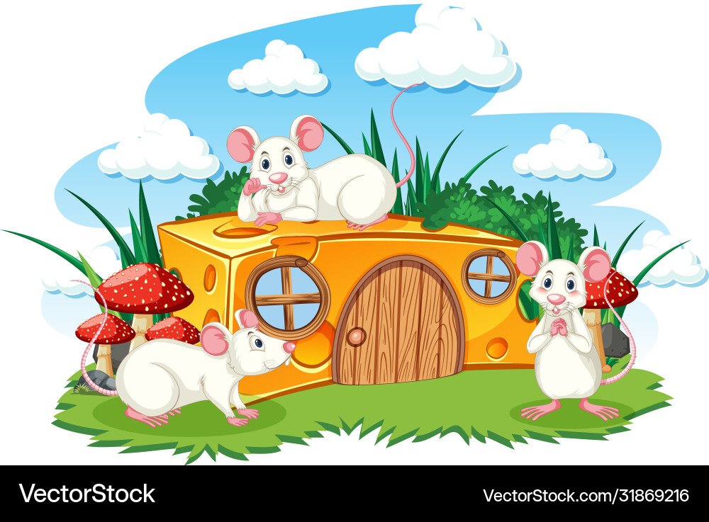Cheese house with three mouses cartoon style Vector Image