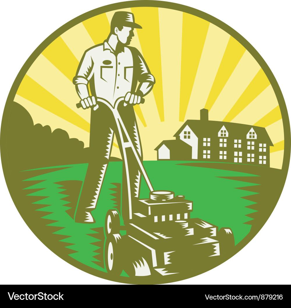Gardener mowing lawn Royalty Free Vector Image