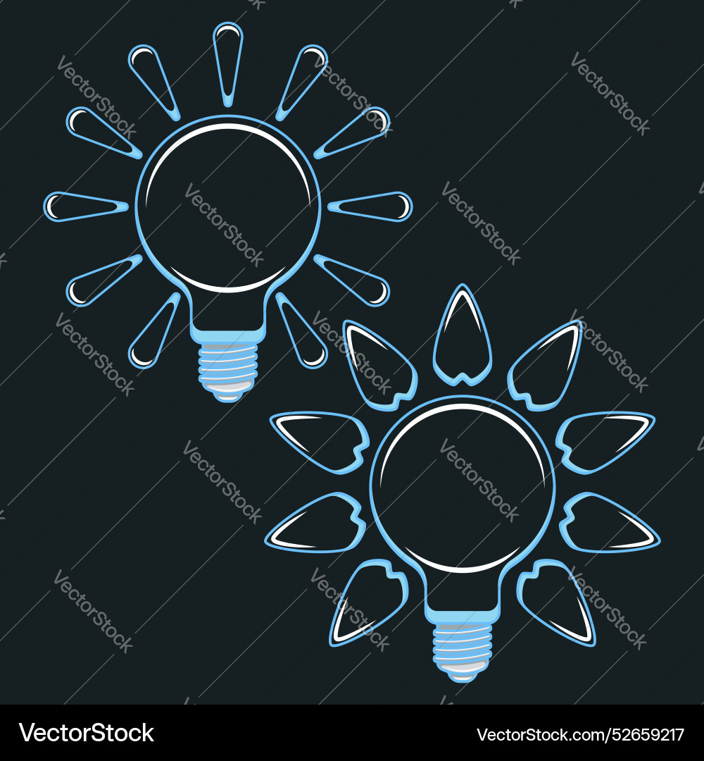 Set with light bulbs rays and leaves Royalty Free Vector