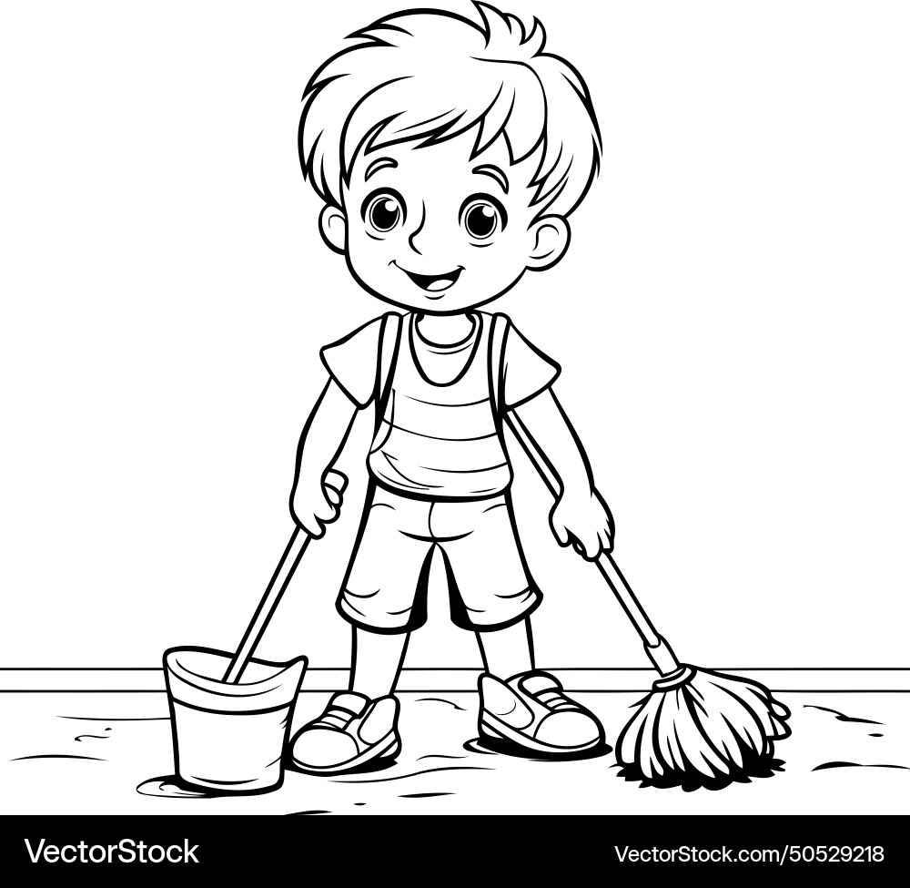 Cute boy cleaning the floor with a broom Vector Image
