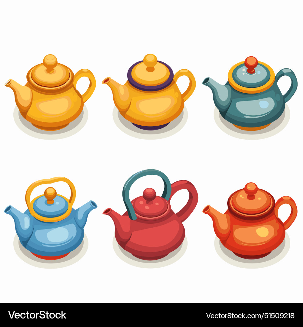 Six colorful teapots arranged two rows cartoon Vector Image