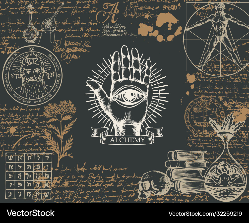 Alchemy banner with hand-drawn sketches and notes Vector Image