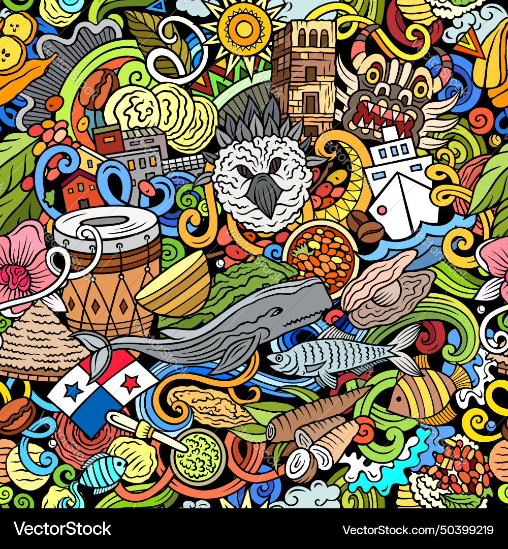 Cartoon doodles panama seamless pattern Royalty Free Vector