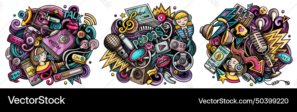 Audio content cartoon doodle designs set Vector Image