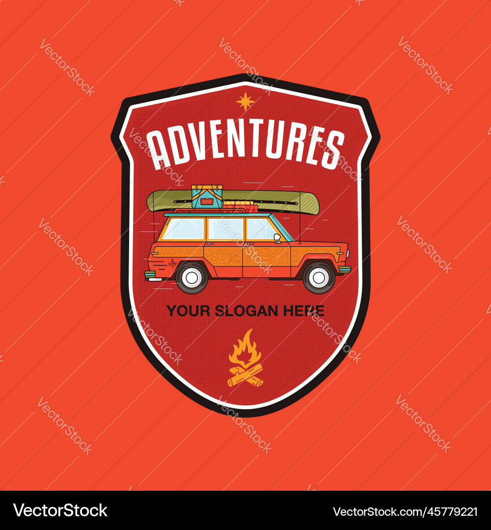 Camping adventure badge design with camper car Vector Image