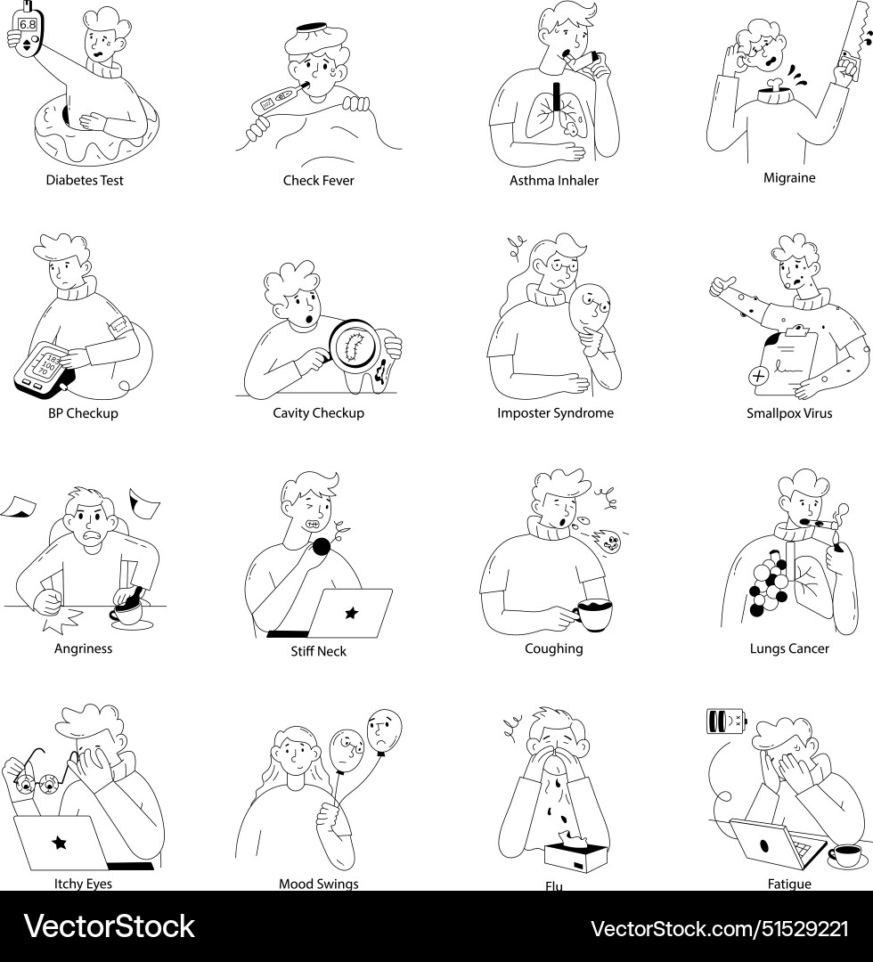 Collection of disease symptoms doodle mini Vector Image