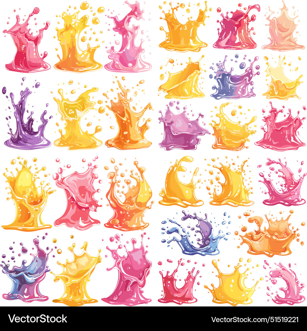 Juice splashes cartoon set drops smudges Vector Image