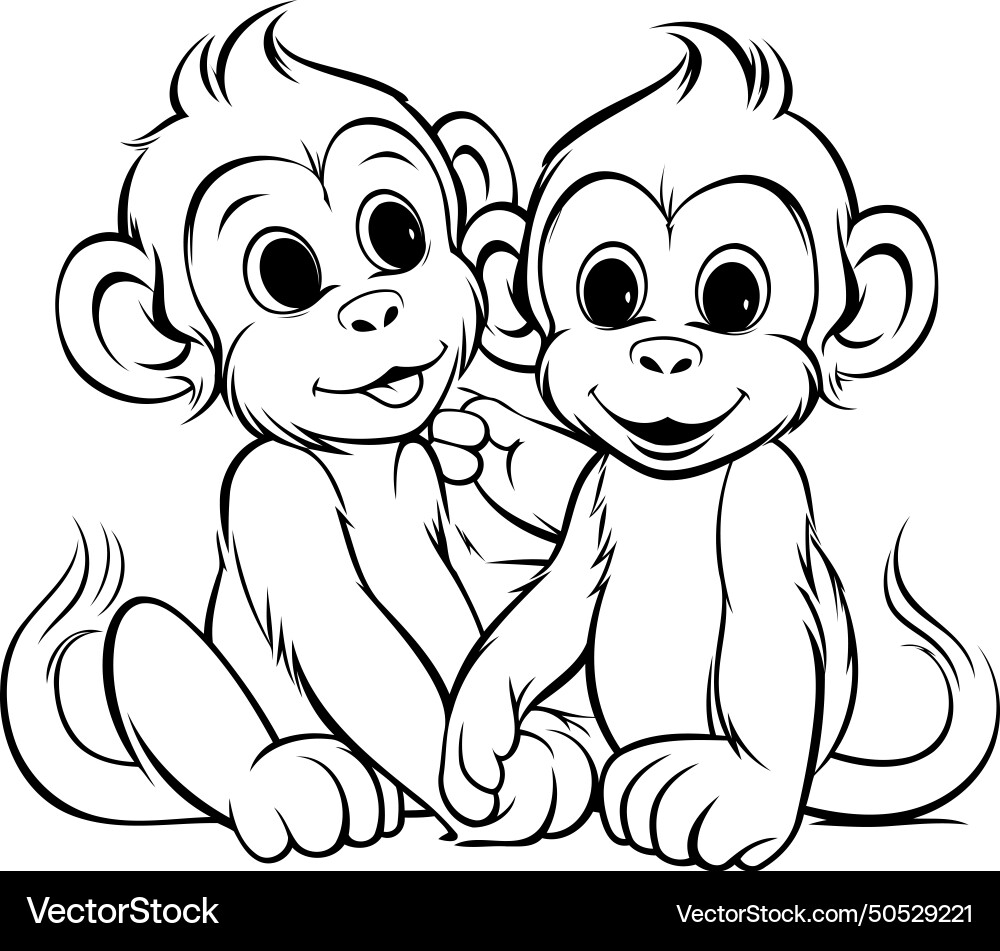 Monkey family - black and white cartoon Royalty Free Vector