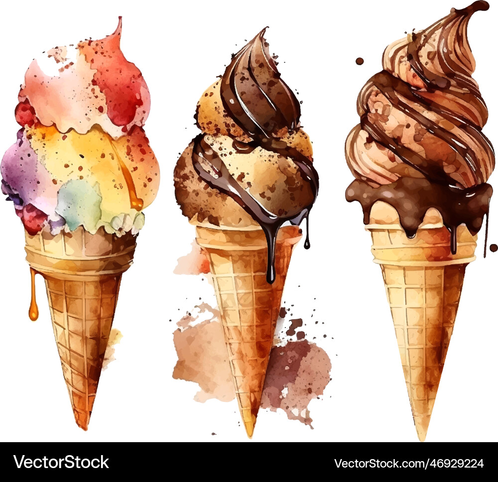 Chocolate ice cream waffle cone watercolor Vector Image