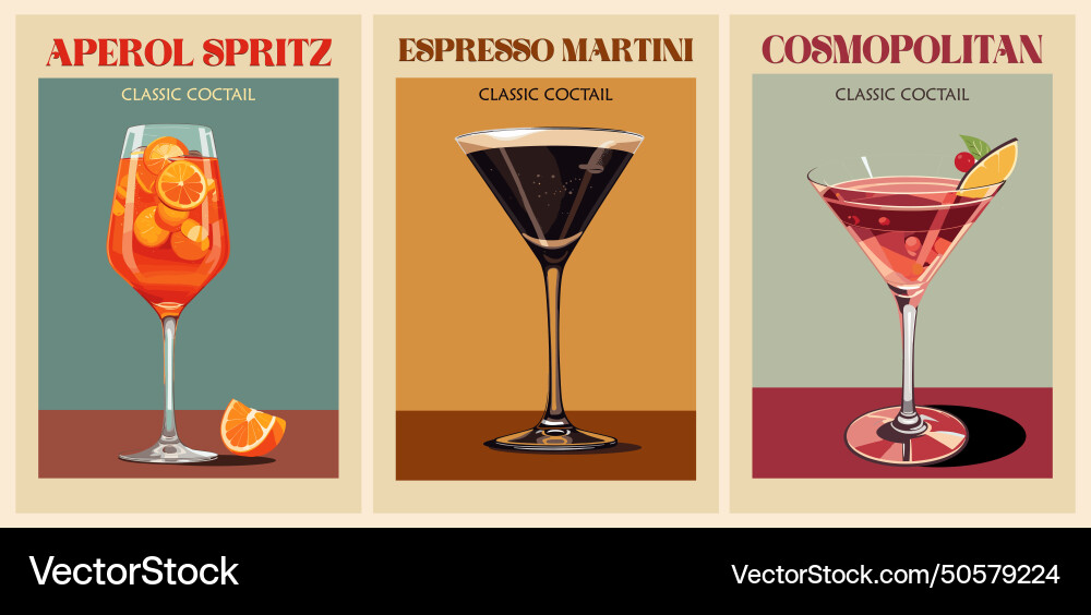 Cocktails retro poster prints art set Royalty Free Vector